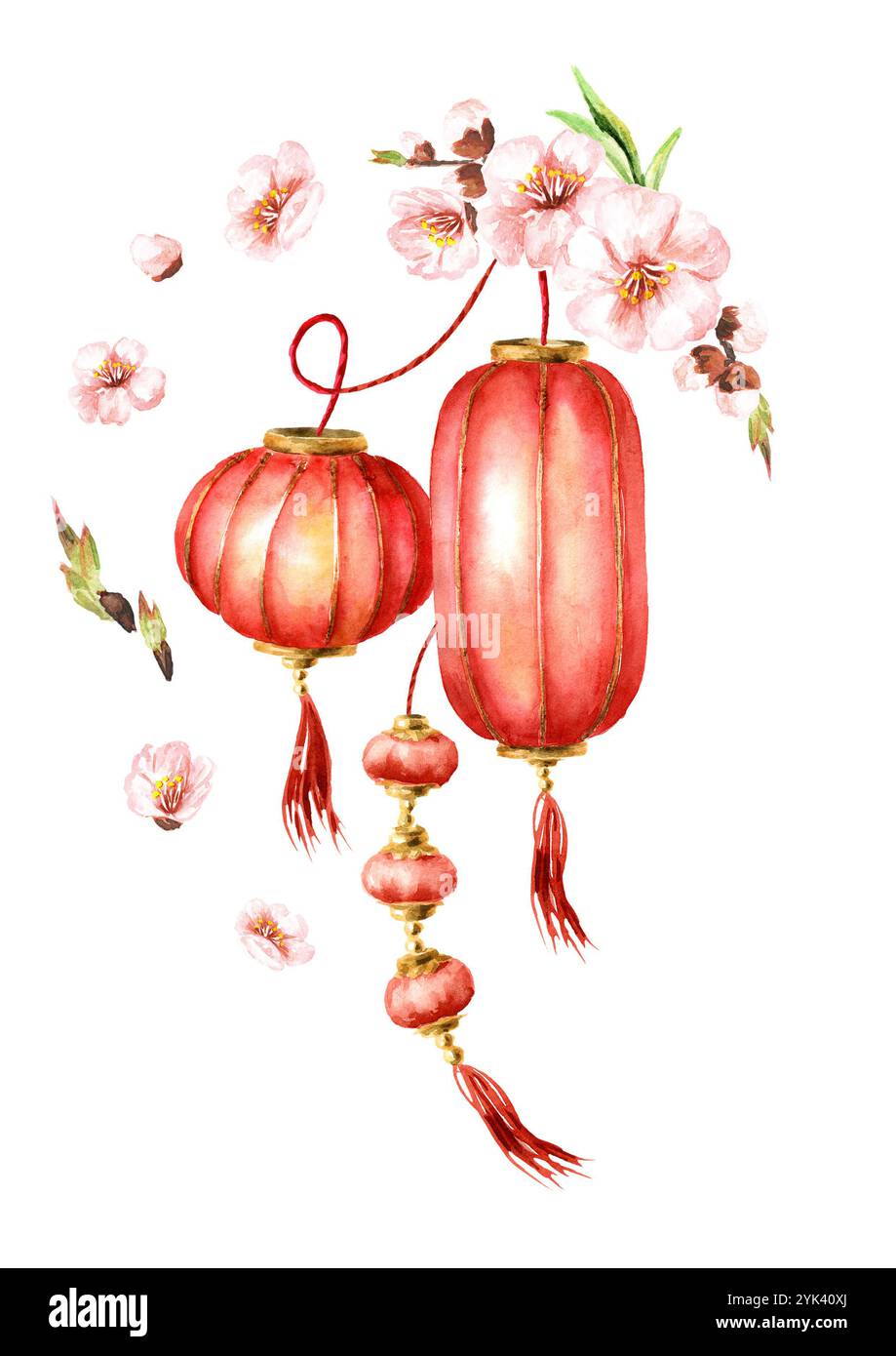 Red traditional chinese lanterns, Chinese New Year card. Watercolor ...