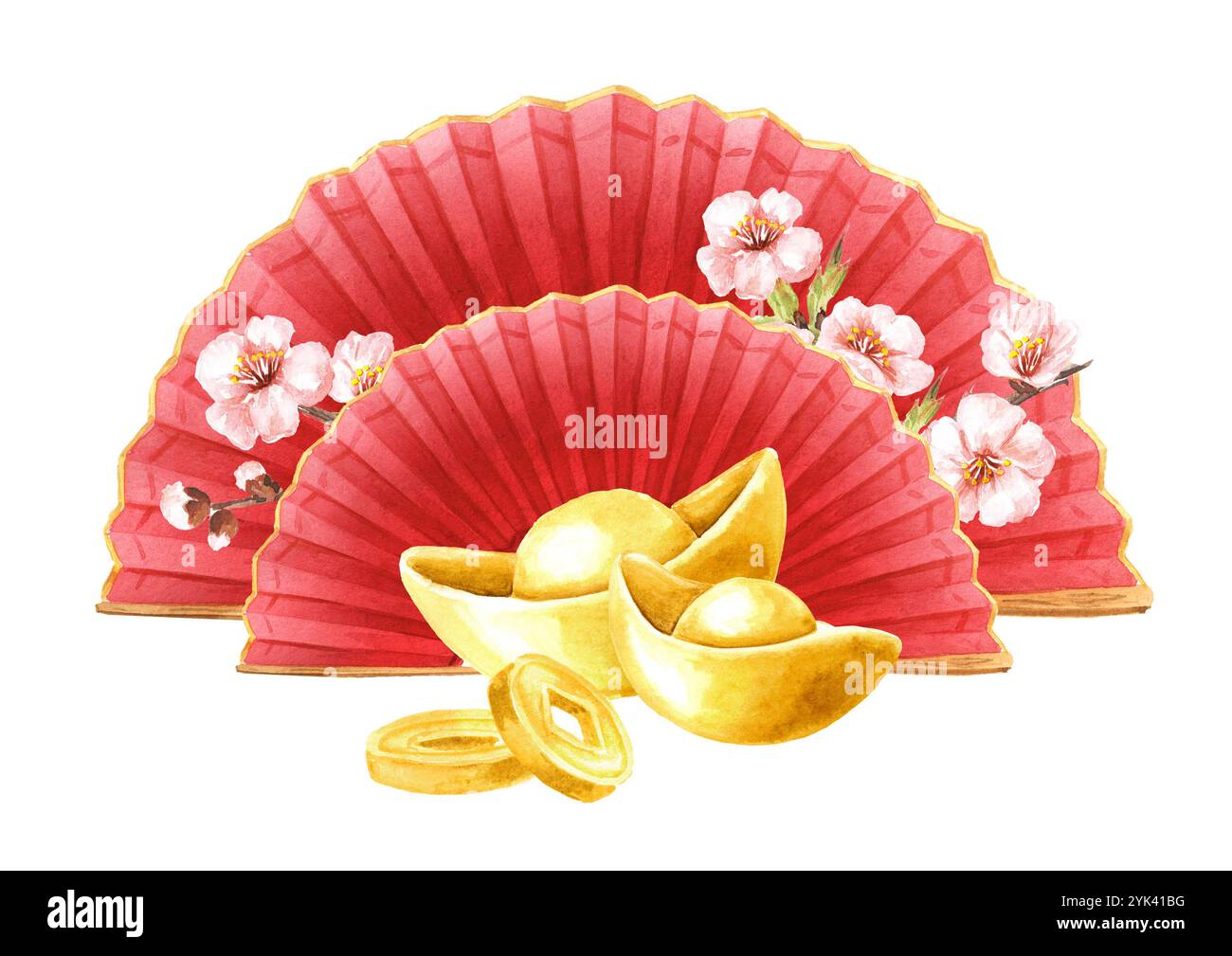 Traditional Chinese fan with gold ingot and golden coins, New year ...