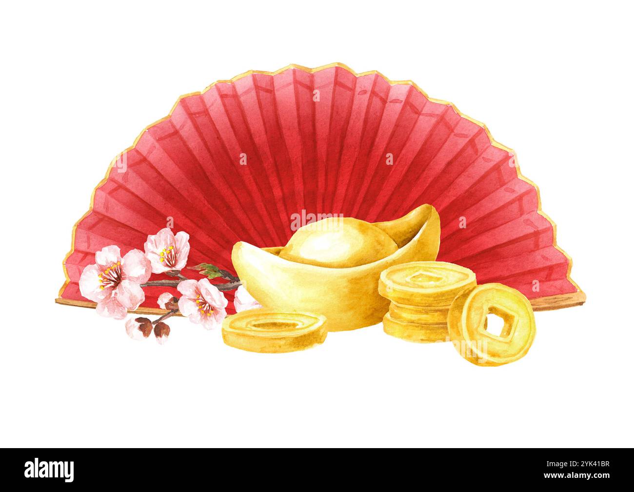 Traditional Chinese fan with gold ingot and golden coins. New year ...