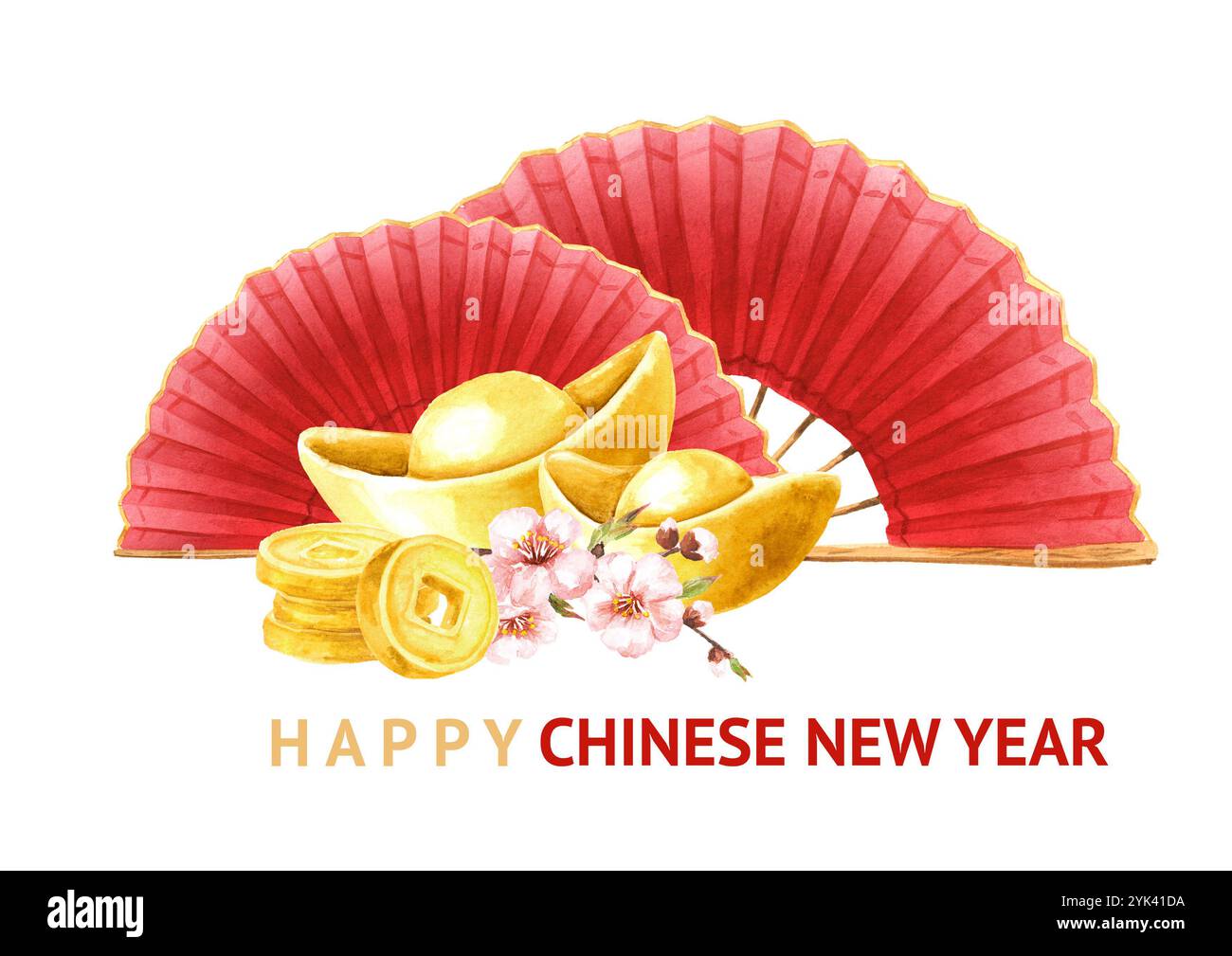 Traditional Chinese fan with gold ingot and golden coins. New year ...