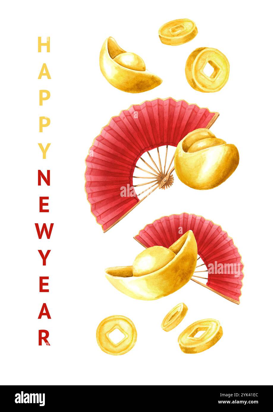 Traditional Chinese fan with golden coins. New year design concept ...