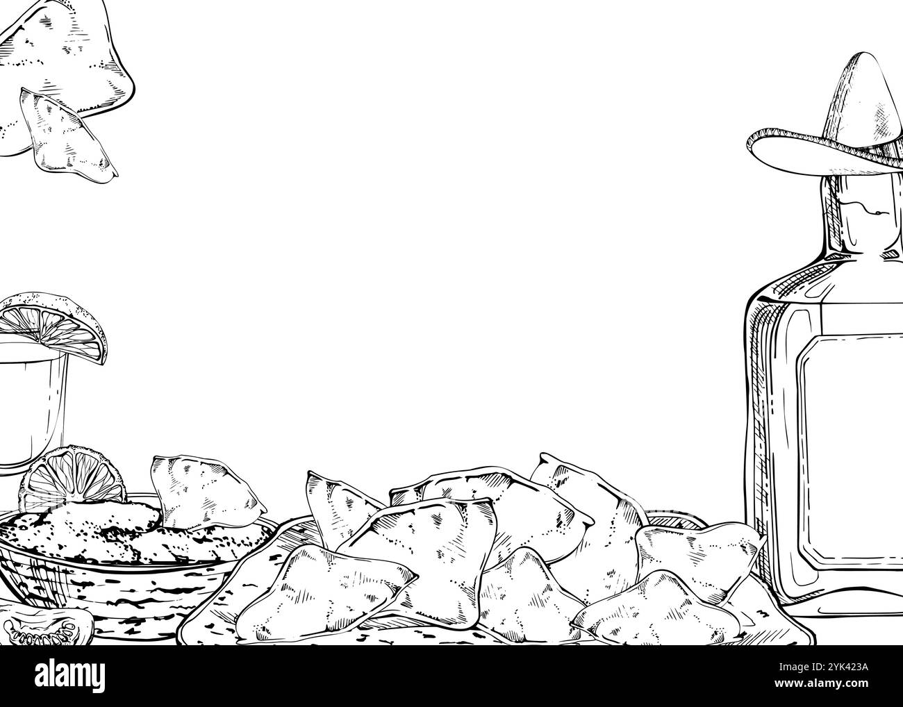 Tequila liquor alcohol bottle in sombrero, shot glasses with lime citrus slice, nacho chips ...