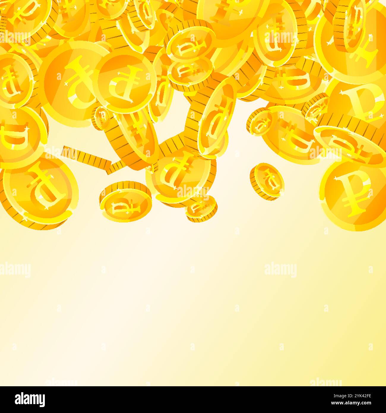 Russian ruble coins falling. Scattered gold RUB coins. Russia money ...