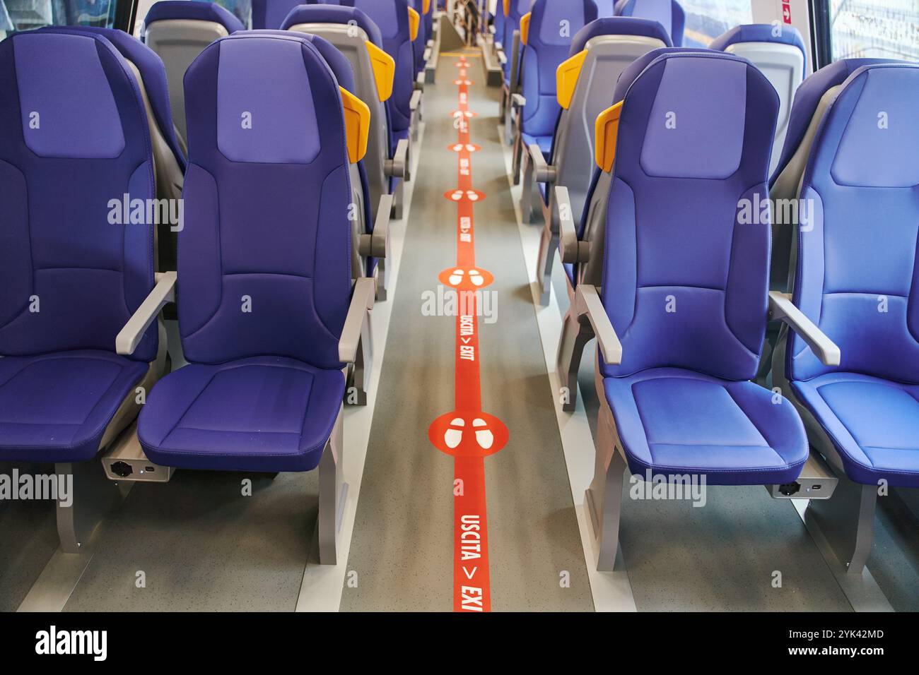 Modern high speed train interior with empty blue seats Stock Photo - Alamy