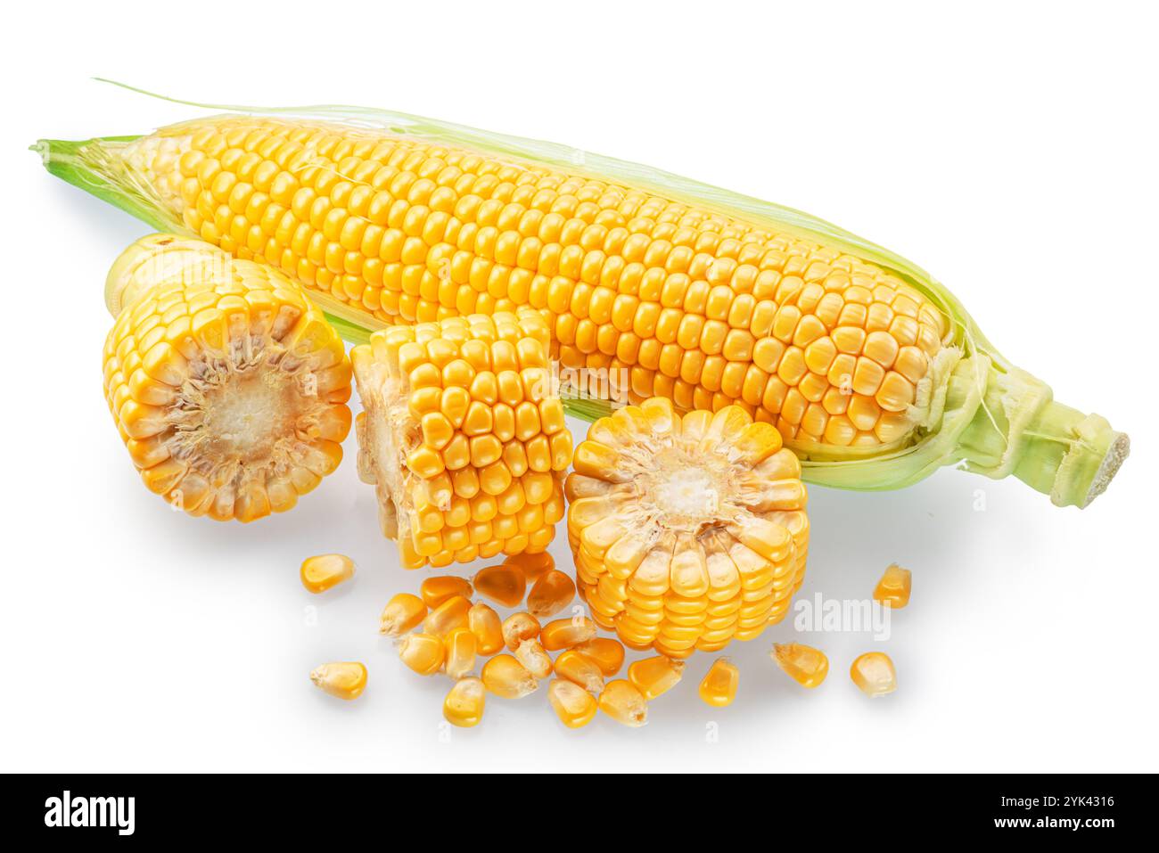Peeled corn cob and pieces of maize cob isolated on white background ...