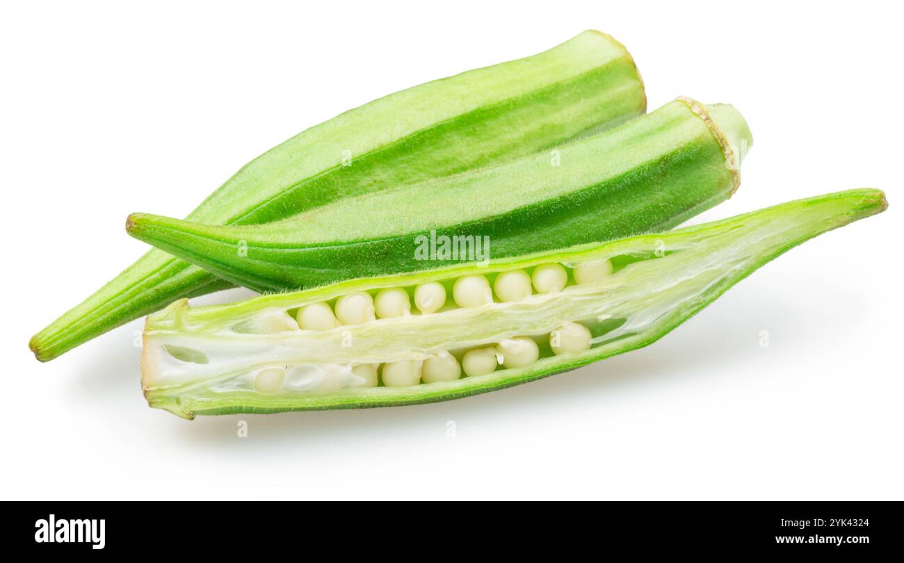 Set of okra green seed pods, and longitudinal cut of okra pod and ...