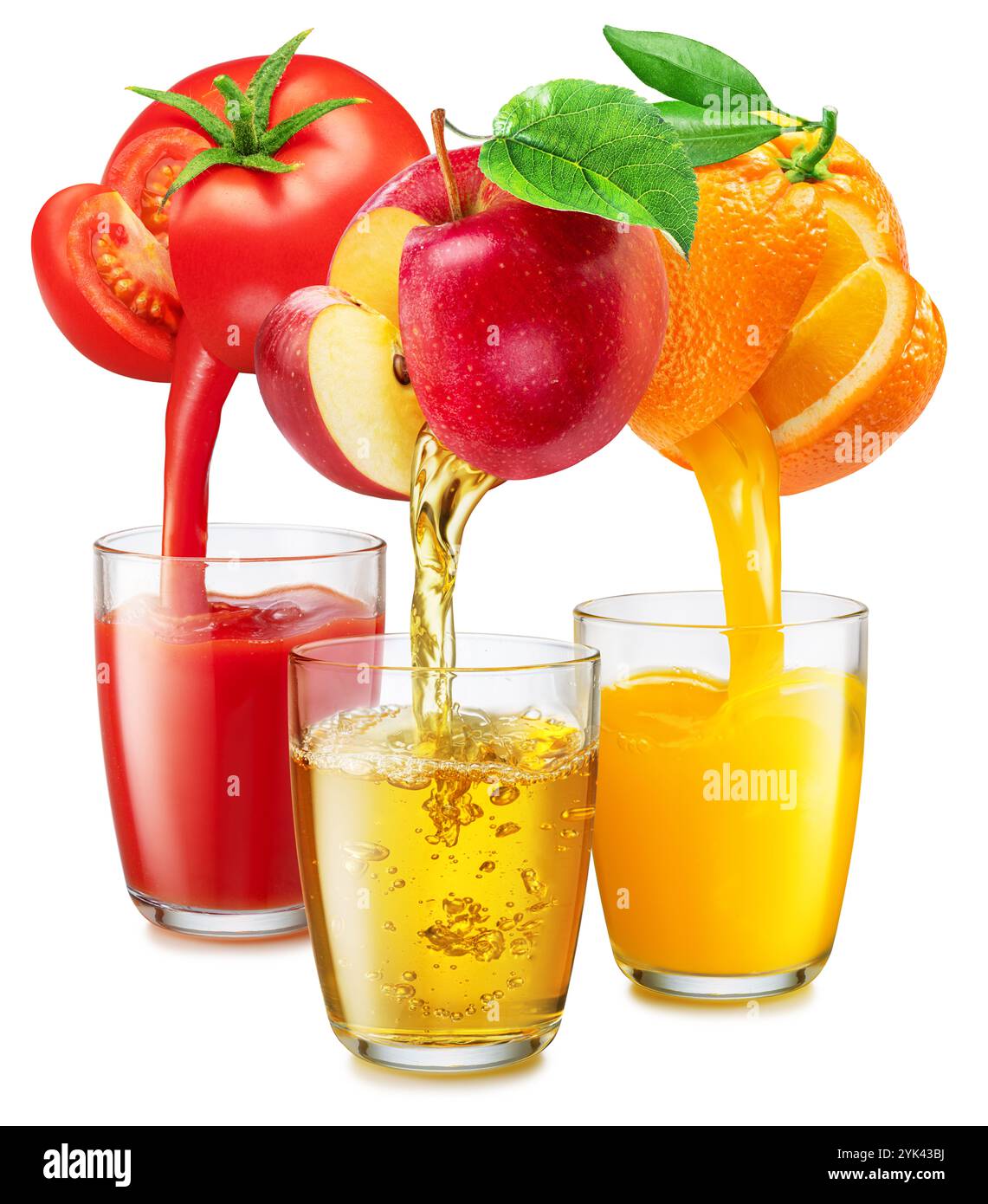 Collection of juice glasses and fresh juice pouring from fruits into ...