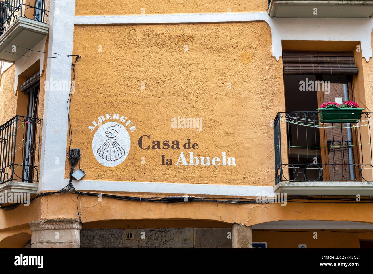 Los Arcos, Spain- May 25, 2024: The sign for Casa de la Abuela albergue ...