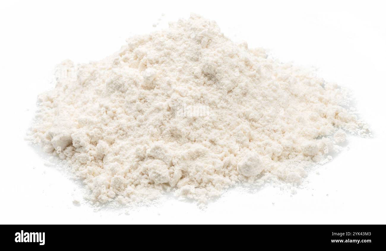 Pile of white wheaten flour isolated on white background. Baking ...