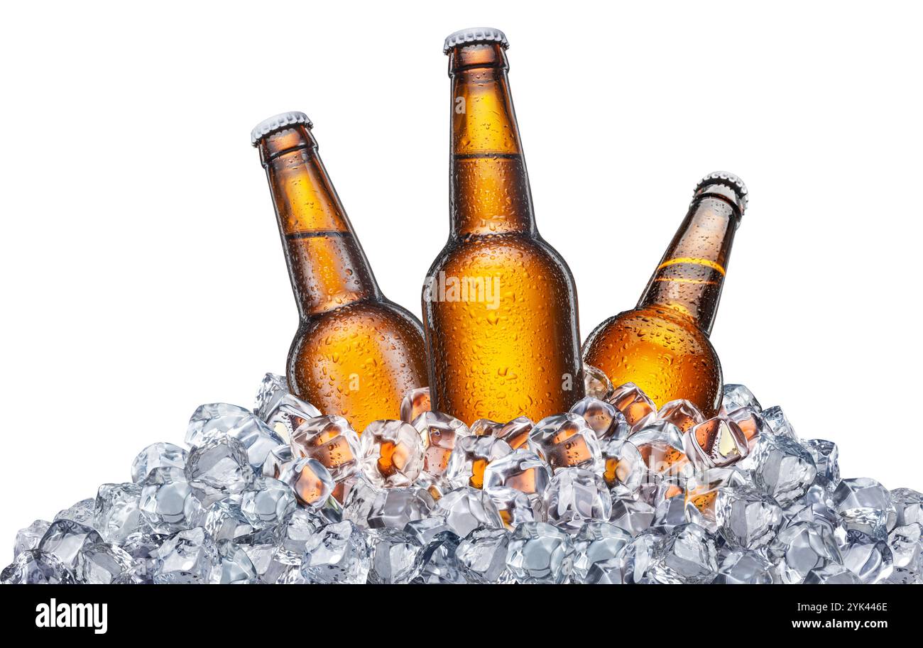 Three cold bottles of beer in ice cubes. File contains clipping path ...
