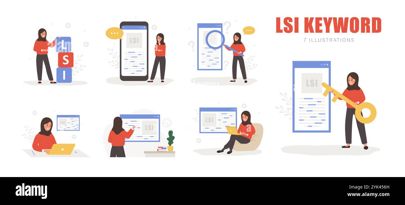 Lsi Keyword Latent Semantic Indexing Key Phrases Generator Set Of Vector Illustrations In