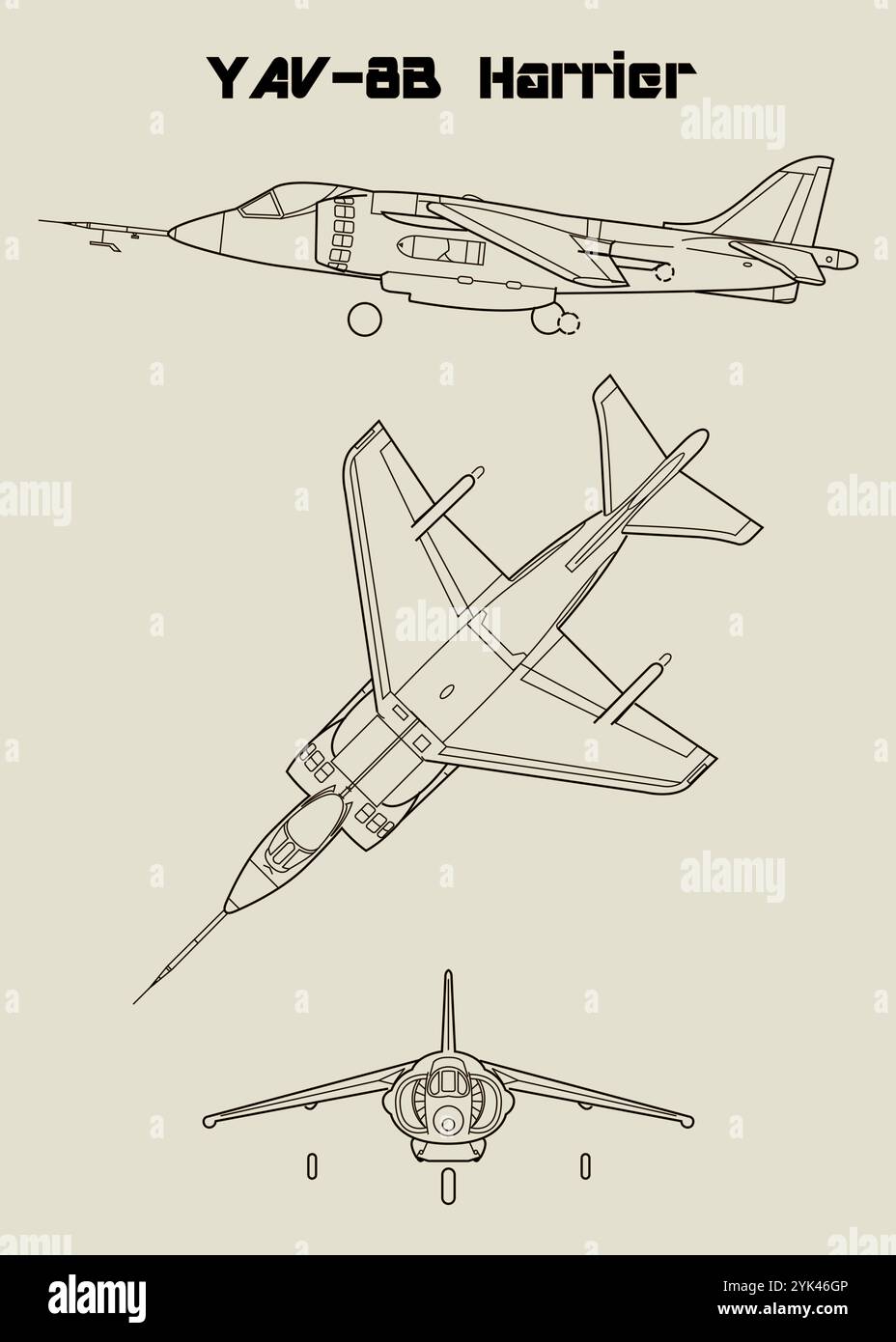 line drawing of a YAV-8B Harrier aircraft, showcasing three different ...