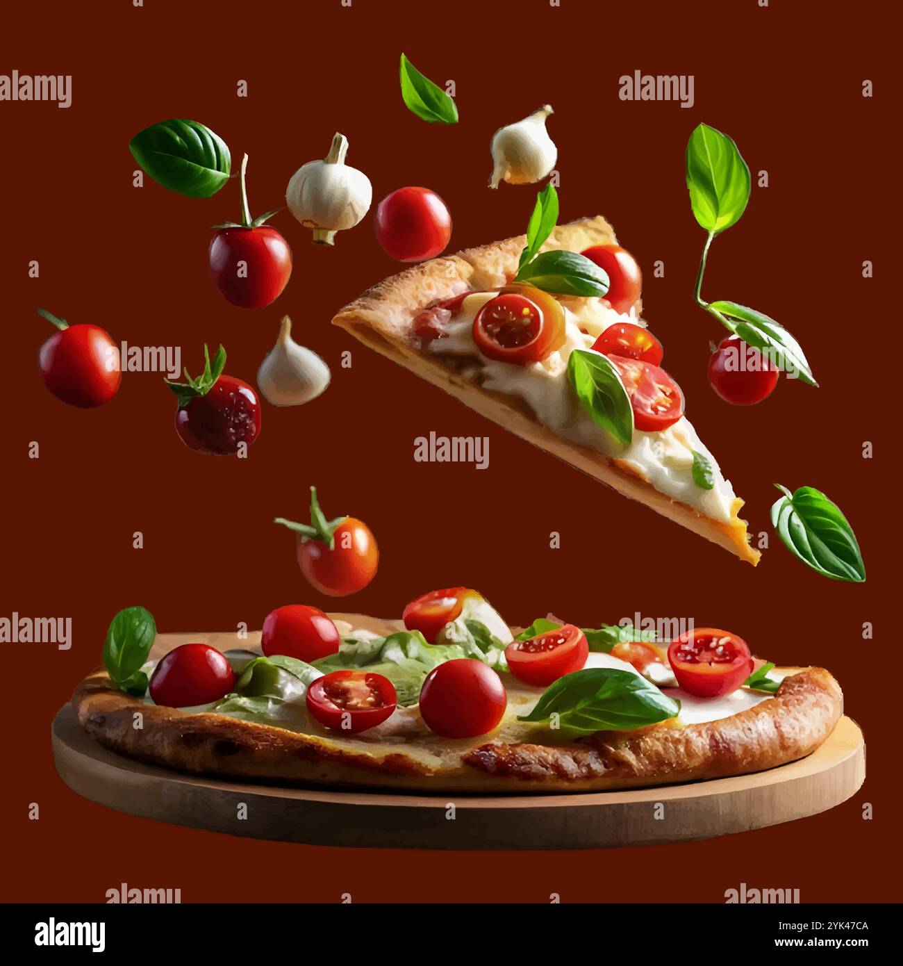 Pizza Margherita with fresh ingredients like flying tomatoes, floating ...