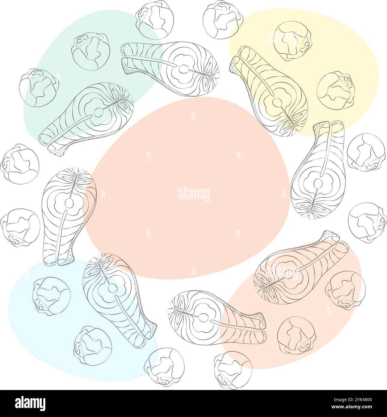 Outline Salmon steak and brussels sprout heads. Circle Frame Border on ...