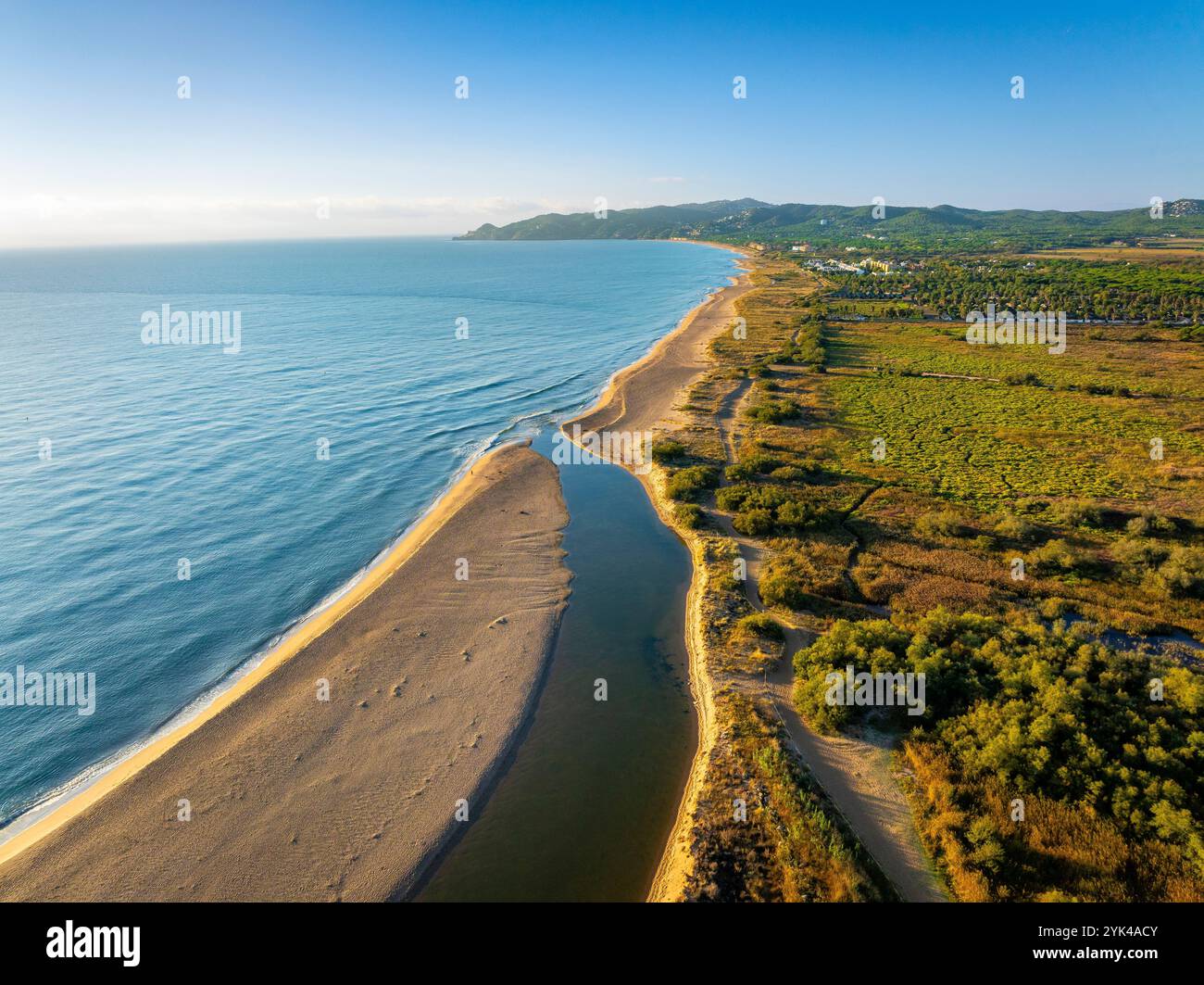 Aerial view of the Gola del Ter, the mouth of the Ter river on a beach ...