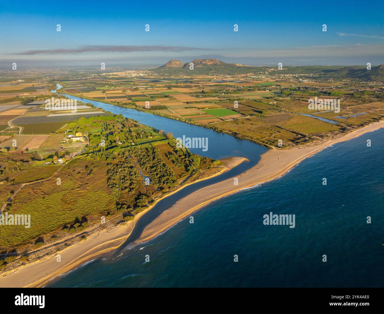 Aerial view of the Gola del Ter, the mouth of the Ter river on a beach ...