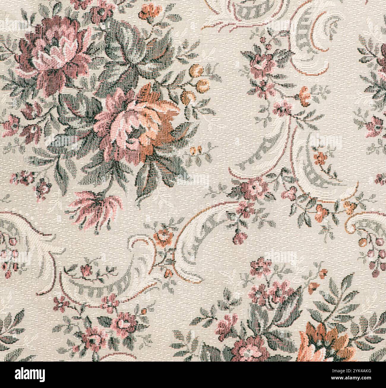 Seamless old-fashioned floral pattern on a tapestry fabric texture biege background. Old retro ...