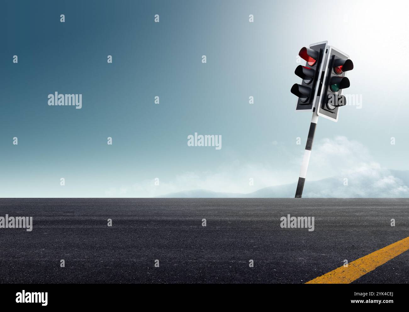 Minimalistic image featuring a traffic light on an empty road with a ...
