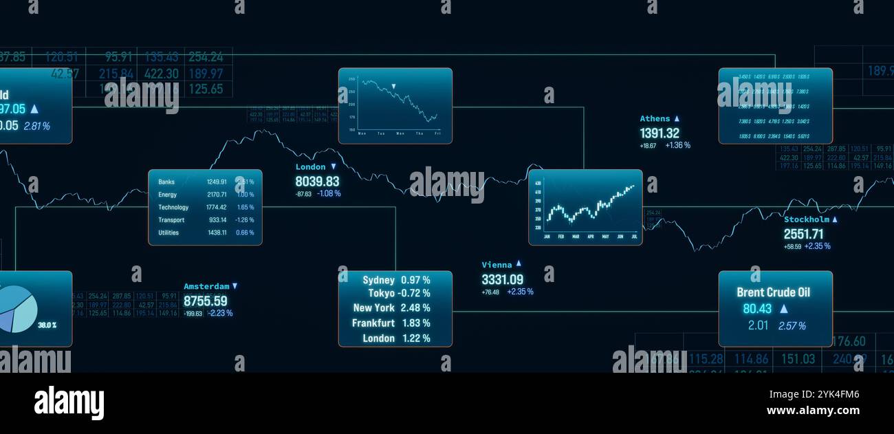 Stock market and exchange screen with charts, graphs, diagram and ...