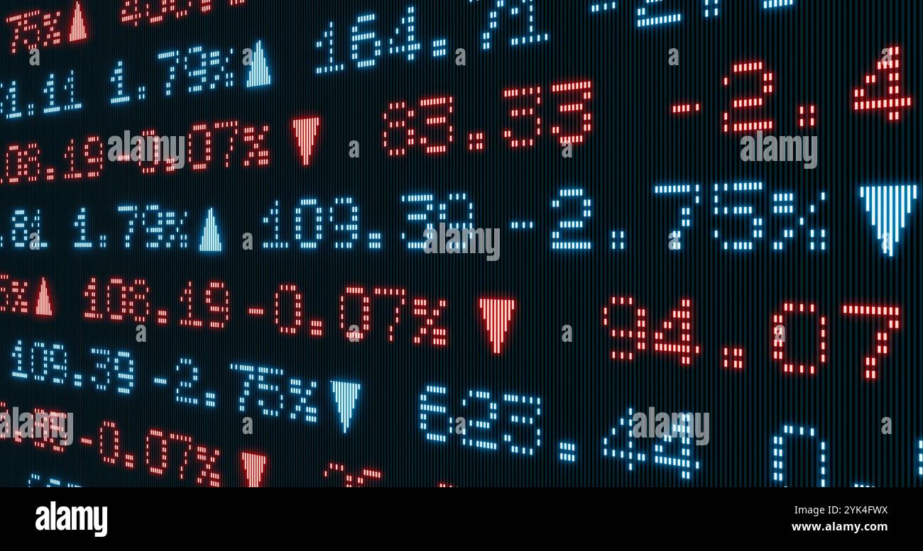 Ticker board with stock market prices, percentage changes and arrrow ...