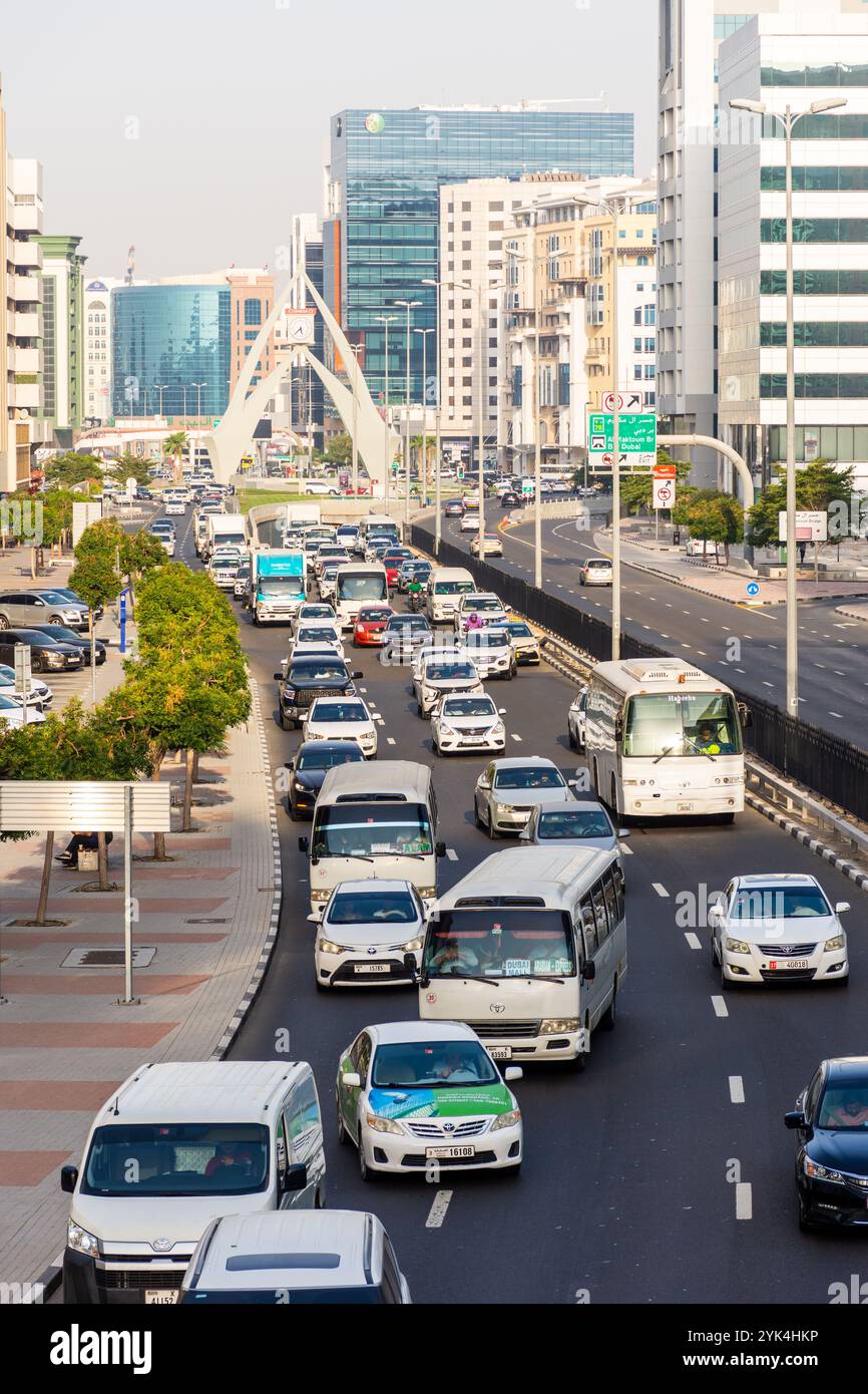 The daily traffic jams in Dubai City. Rush hour traffic, United Arab ...