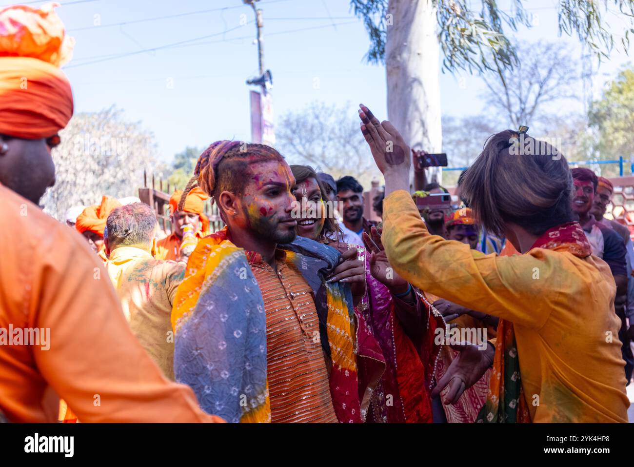 Group of hindu people with colors of their faces celebrating the ...