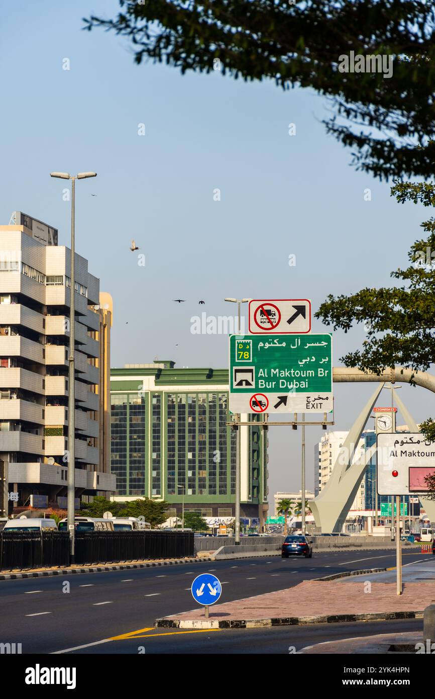 Directional road signs in Arabic and English in Dubai City, United Arab ...