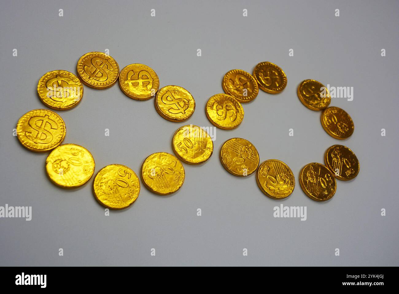 Beautiful, large gold coins, cents with a dollar $ sign are located on ...