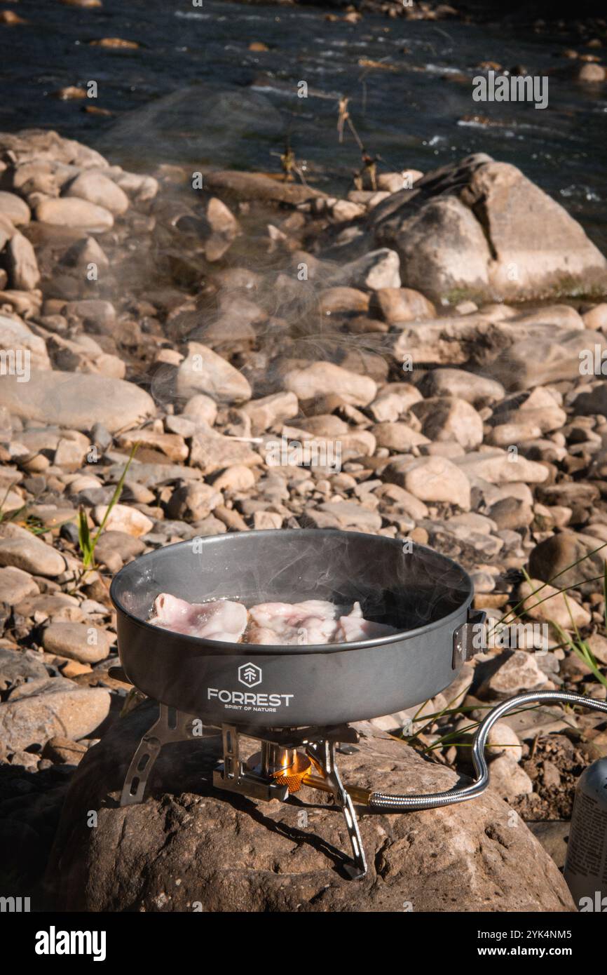 Bushcraft campfire cooking in the forest Stock Photo - Alamy