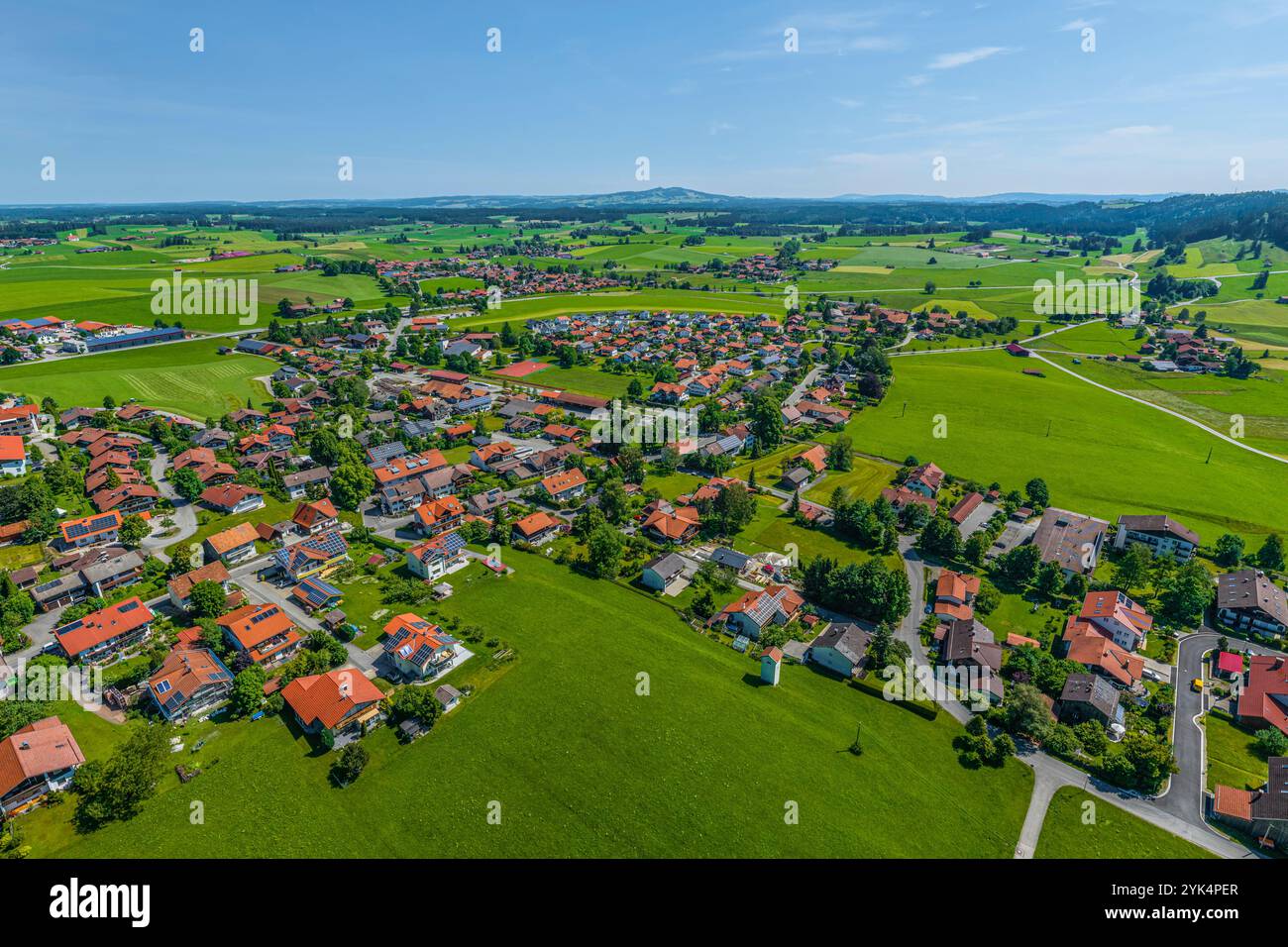 View of the Bavarian Alpine foothills in the Ostallgäu around the honey ...