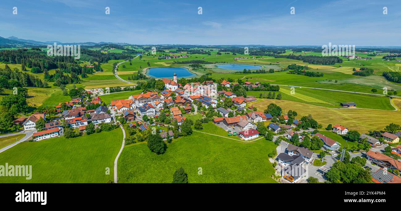 View of the Bavarian Alpine foothills in the Ostallgäu around the honey ...