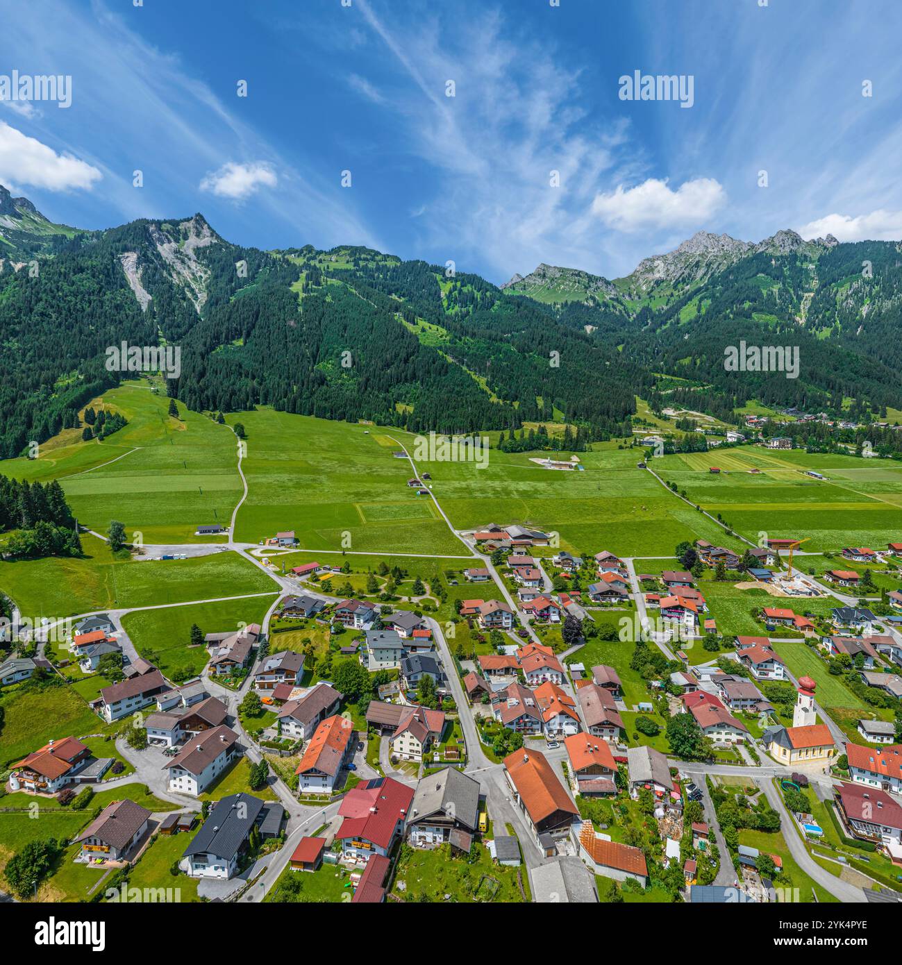 Aerial view of the municipality of Höfen in the district of Reutte in ...