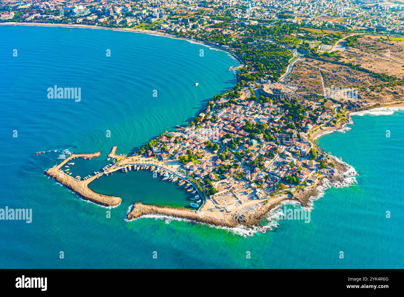 Aerial view of ancient Side town, Antalya Province, Turkey Stock Photo ...