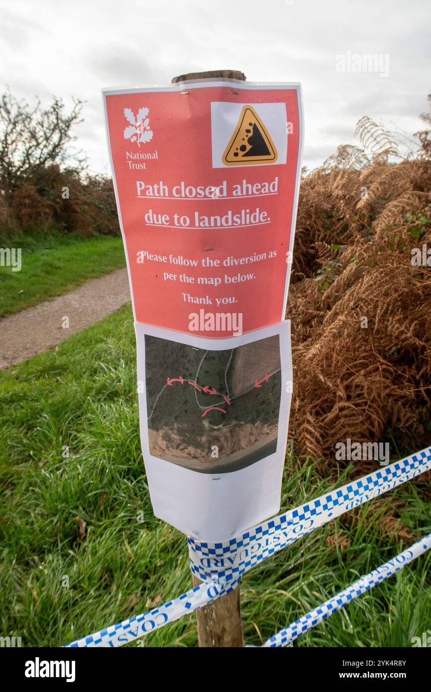 Sign showing the South West Coastal Path closed at Salcombe Hill, above Sidmouth, following a ...
