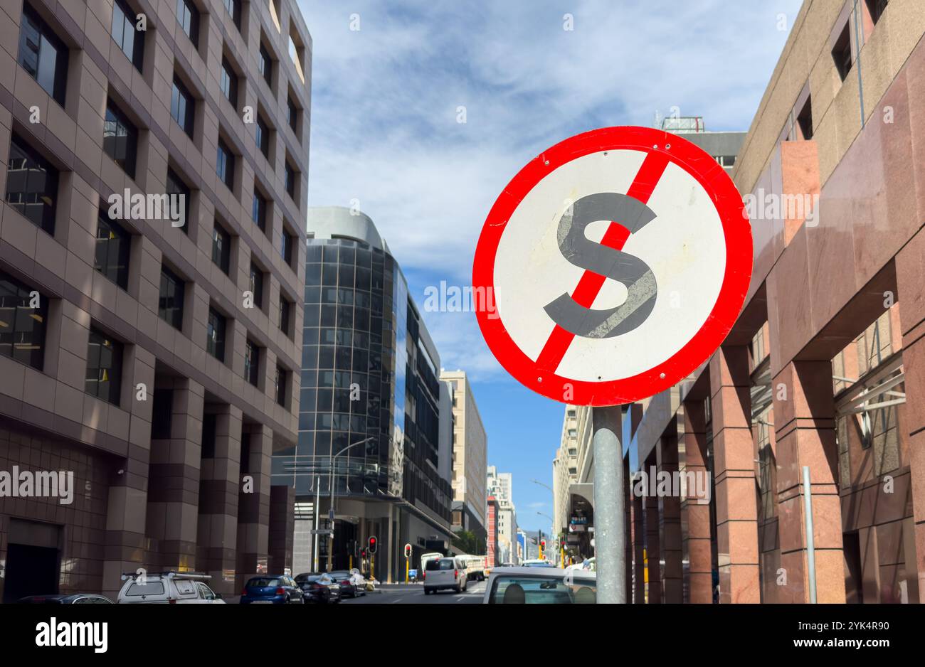 No Stopping traffic sign in Cape town city center. Red circle with a ...