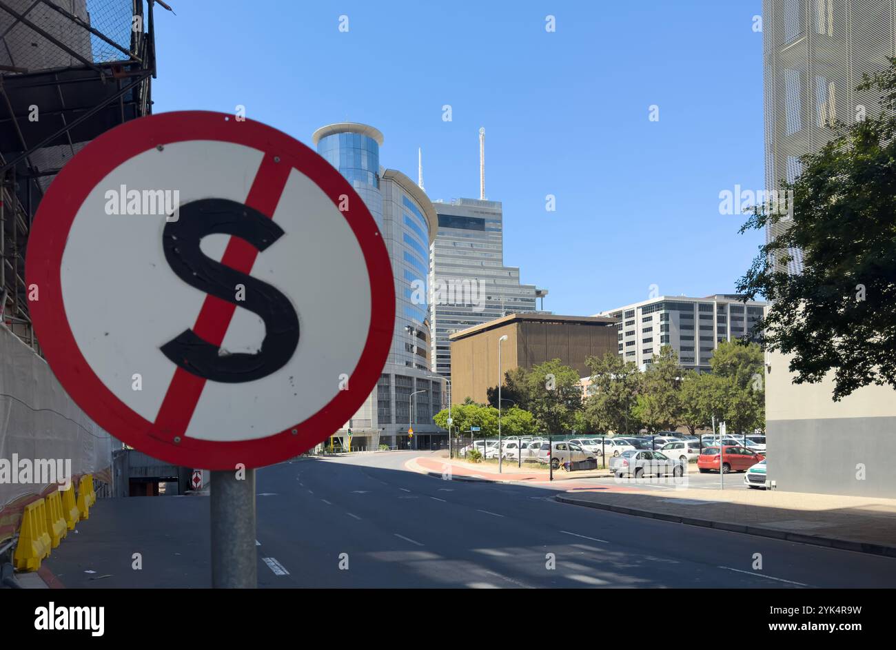 No Stopping traffic sign in Cape town city center. Red circle with a ...