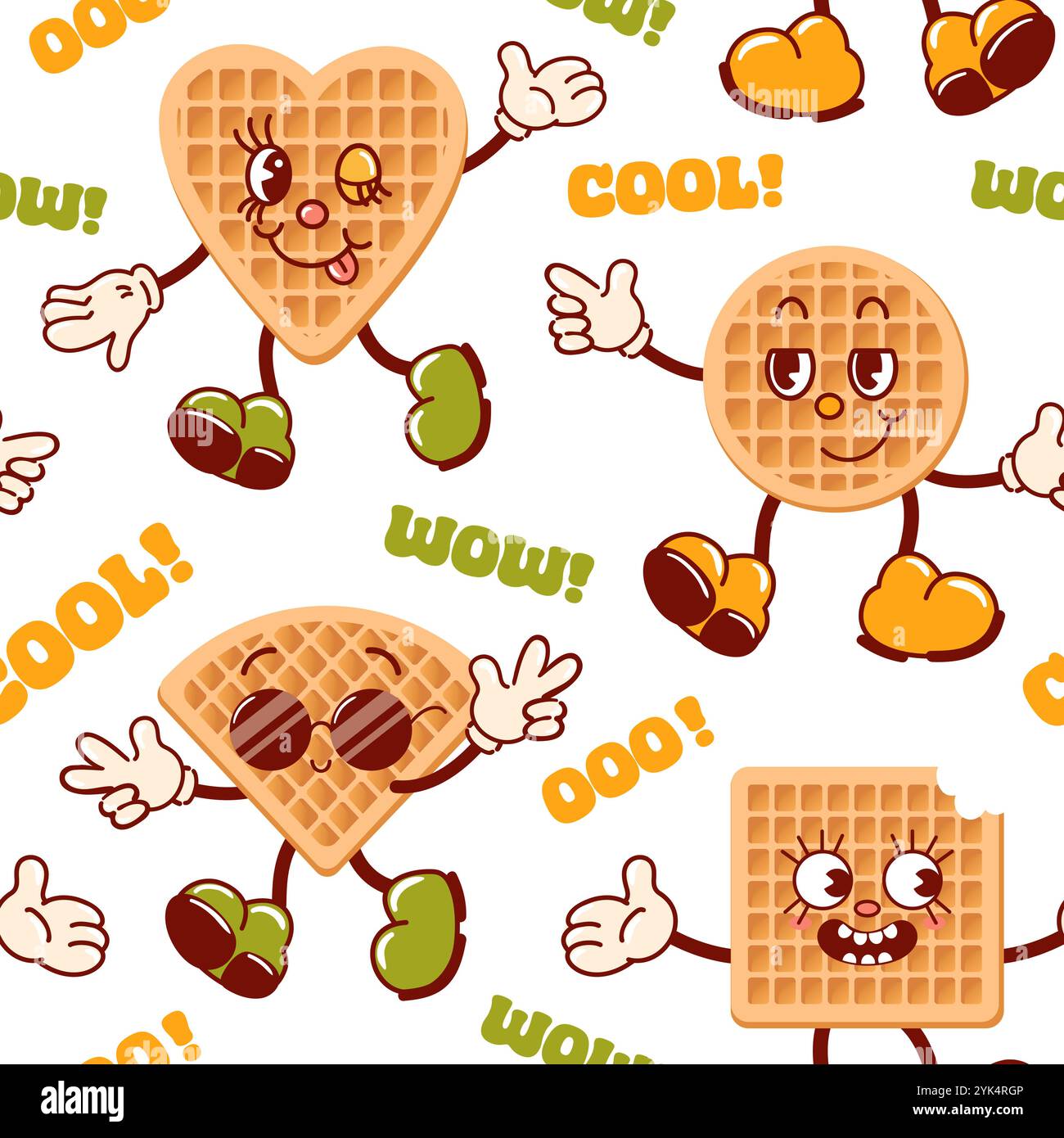 Seamless pattern of Viennese waffles, cute retro cartoon characters ...
