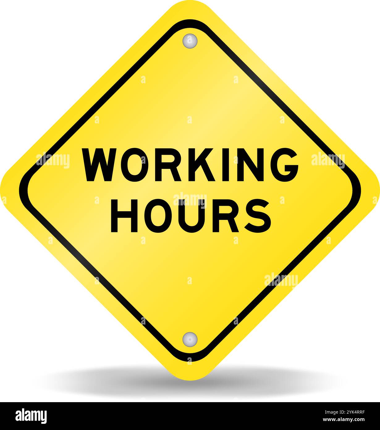 Yellow color transportation sign with word working hours on white ...