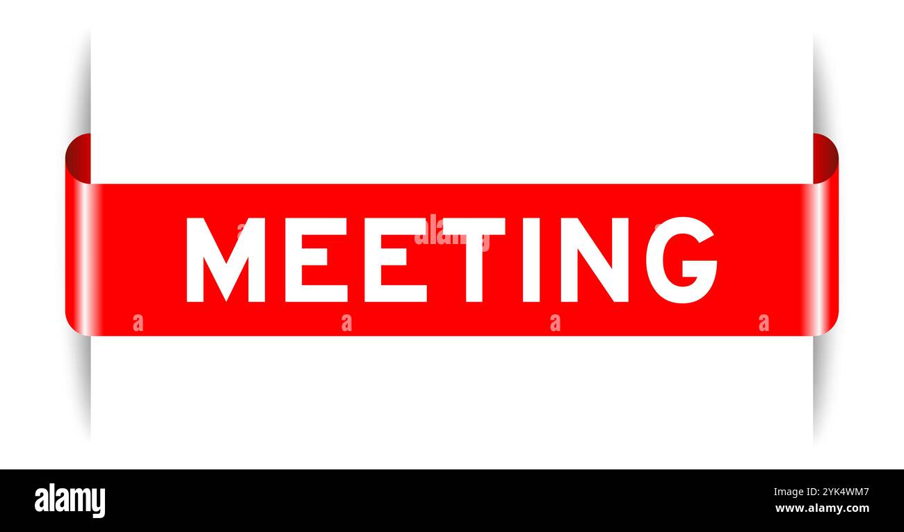 Red color inserted label banner with word meeting on white background ...