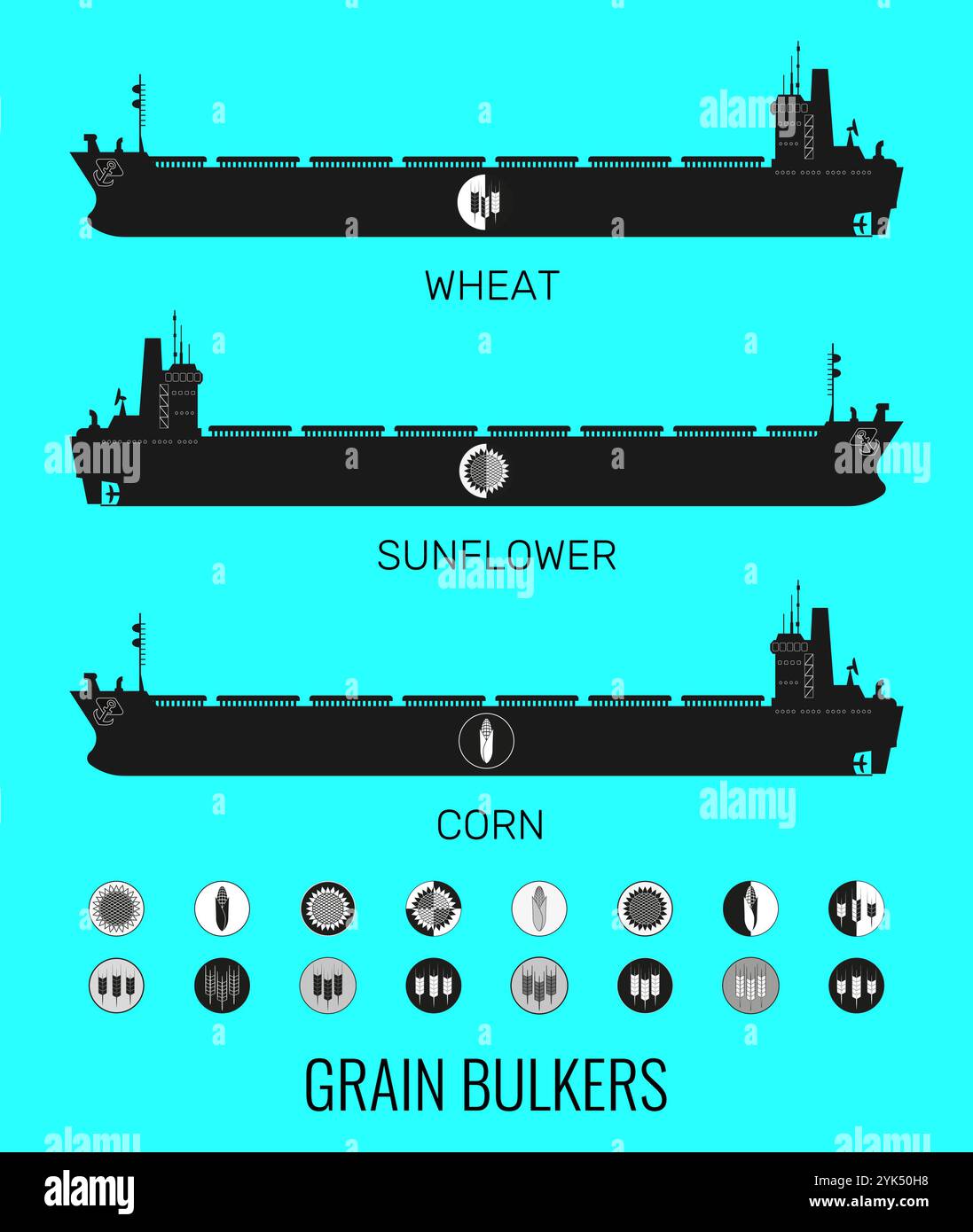 Icon set of bulk carriers for transportation of bulk cereals and icons ...
