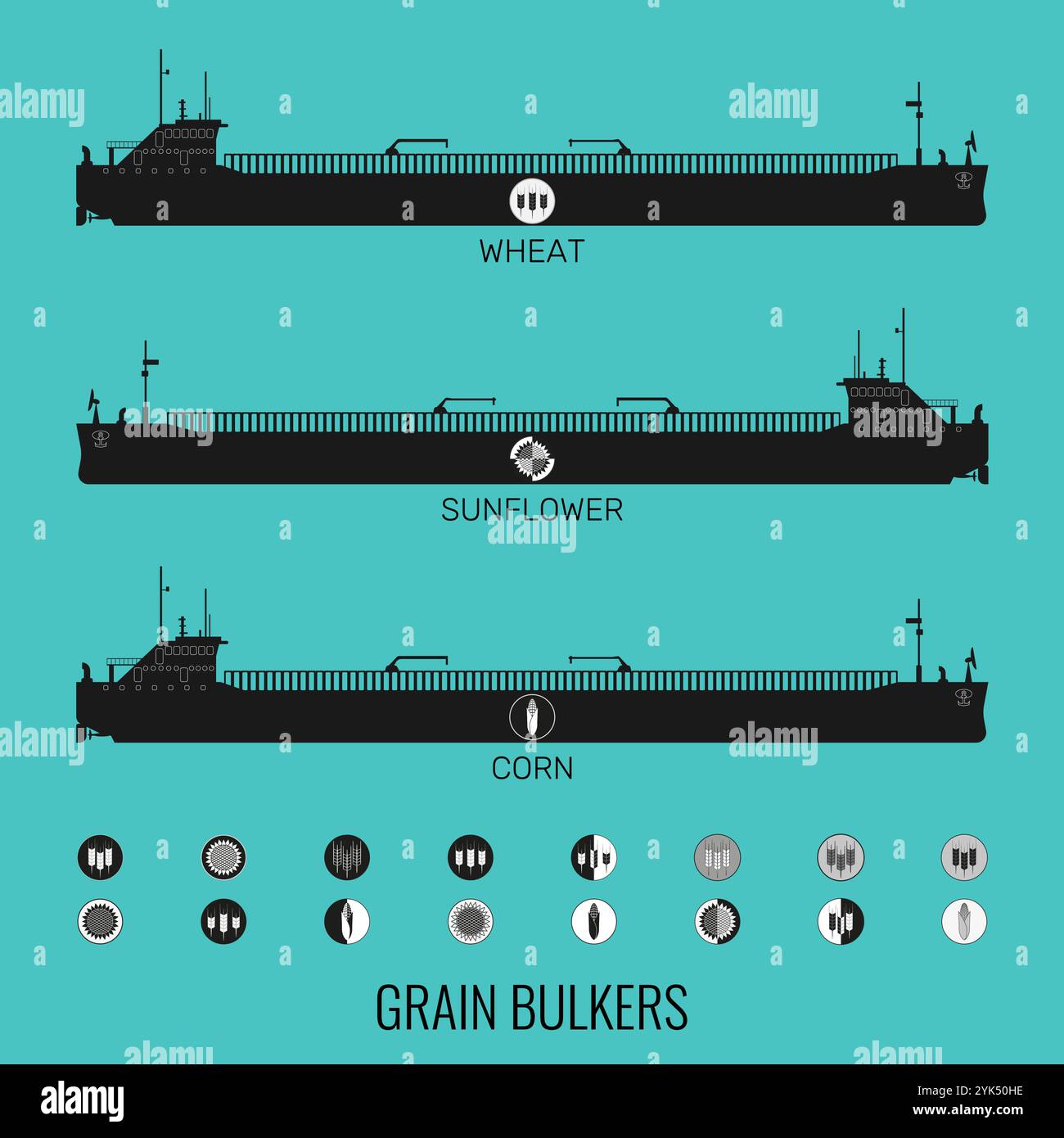 Icon set of bulk carriers for transportation of bulk cereals and icons ...