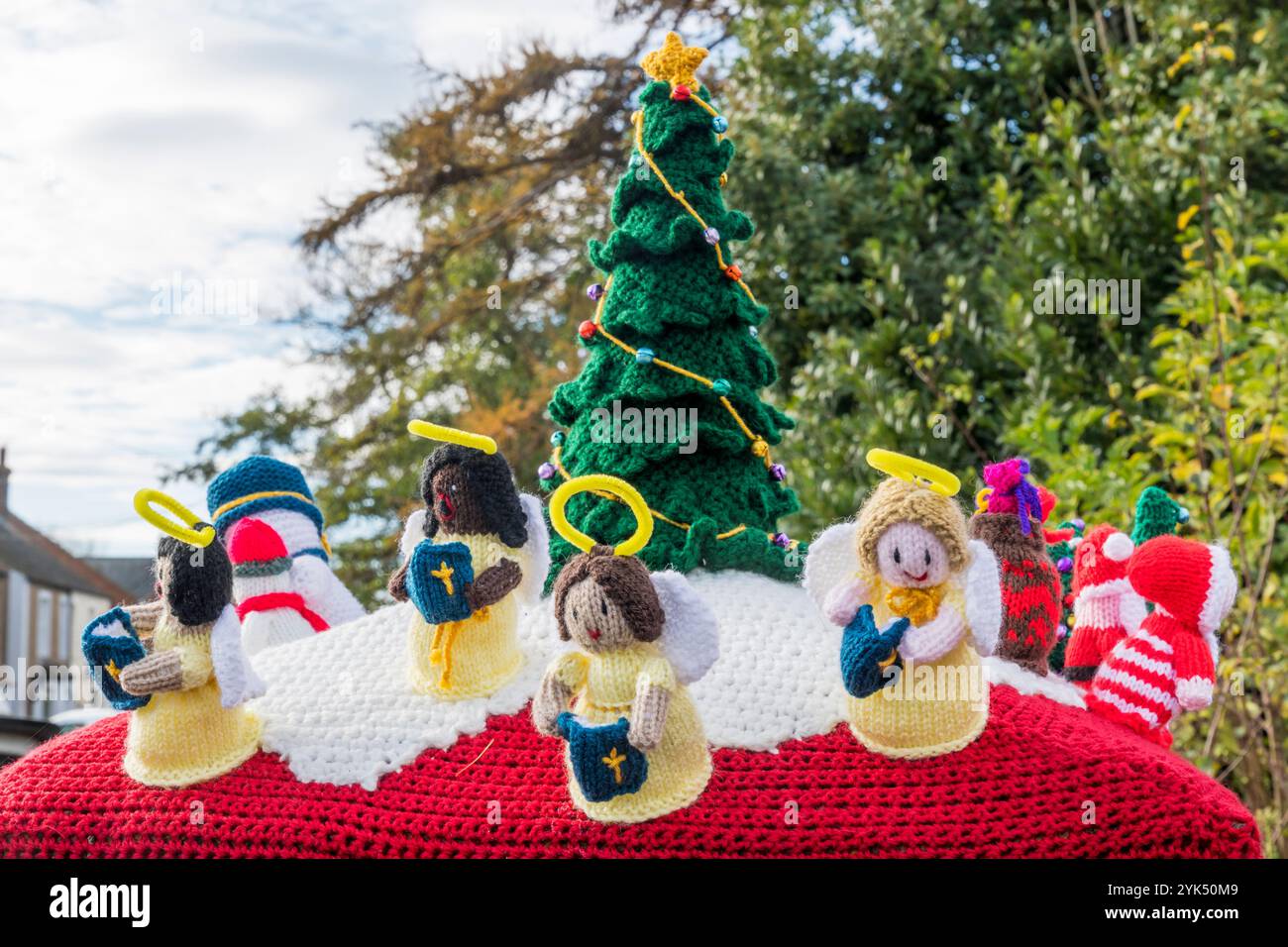 17 November 2024. Heacham, Norfolk. Christmas themed yarn bombing of a ...