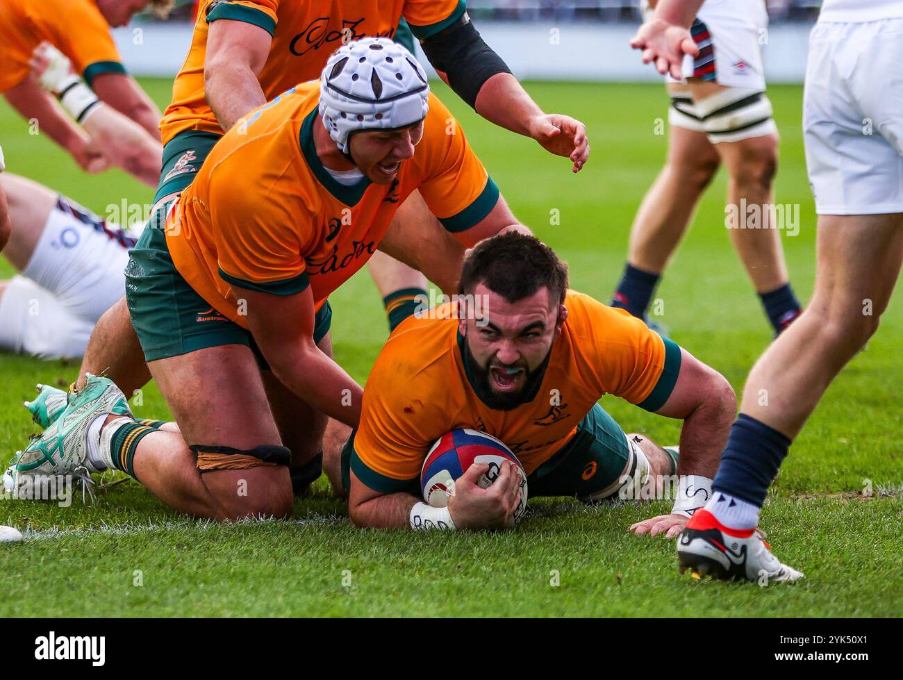 Australia's Luke Reimer scoring a try during the international friendly ...
