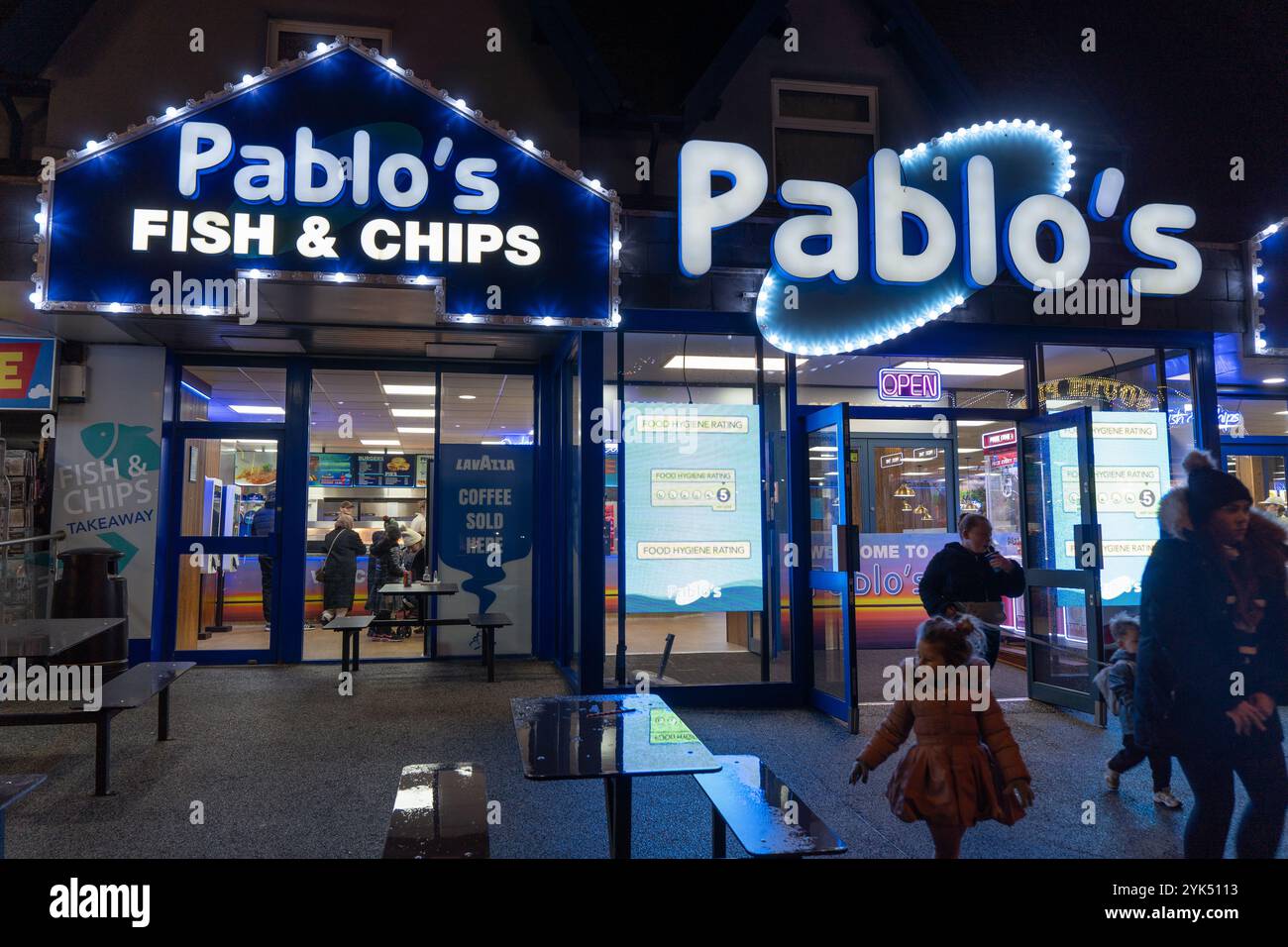 Pablo's Fish and Chips in Blackpool, Lancashire, remains open after dark for the illuminations ...