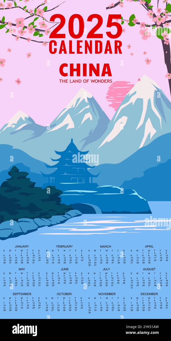 Monthly 2025 Calendar China, Vintage poster spring landscape Stock ...