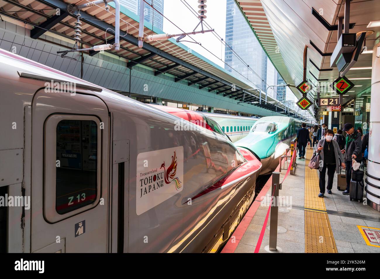 Tohoku E6 Shinkansen joined to a E5 Tohoku bullet train at platform 21 at Tokyo station in the ...