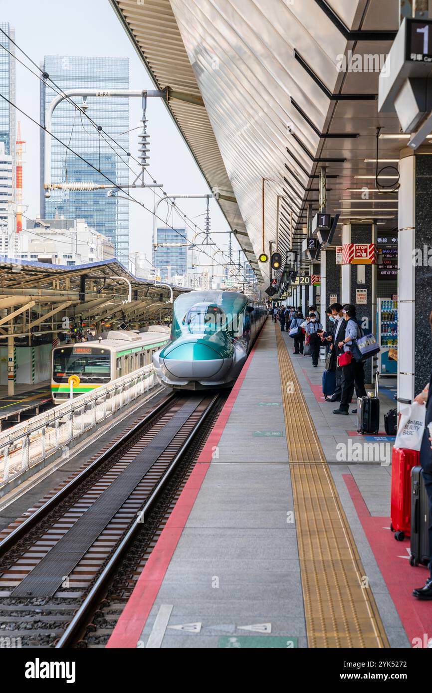 Japanese E5 Tohoku Shinkansen bullet train arriving at platform 20 ...