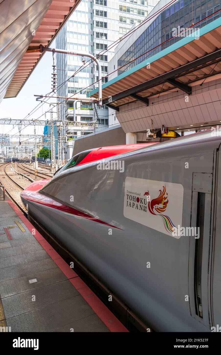 View along the front of a E6 series Tohoku Shinkansen at the platform ...