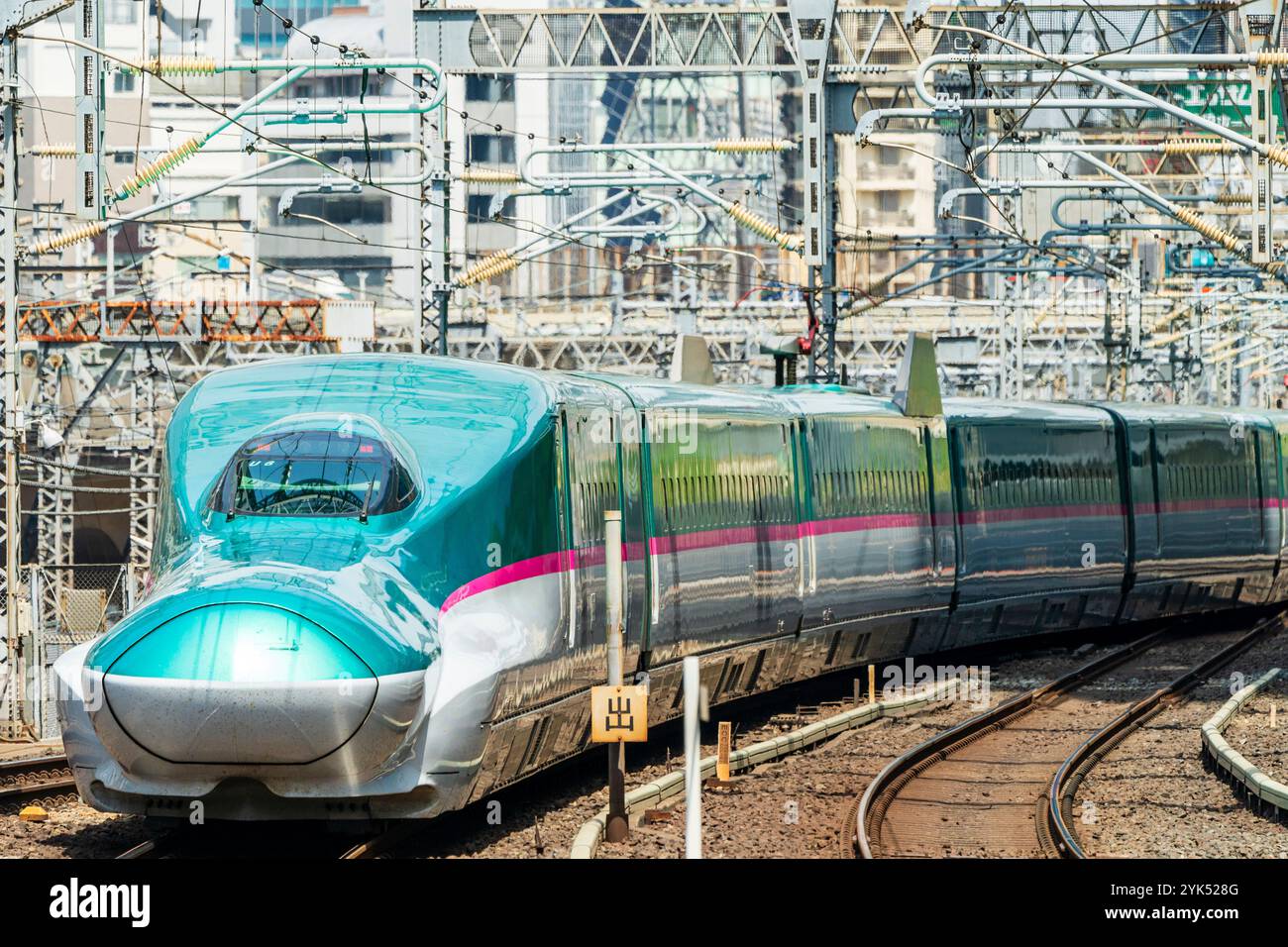 Japanese E5 series Shinkansen bullet train leaving Tokyo station. It is ...