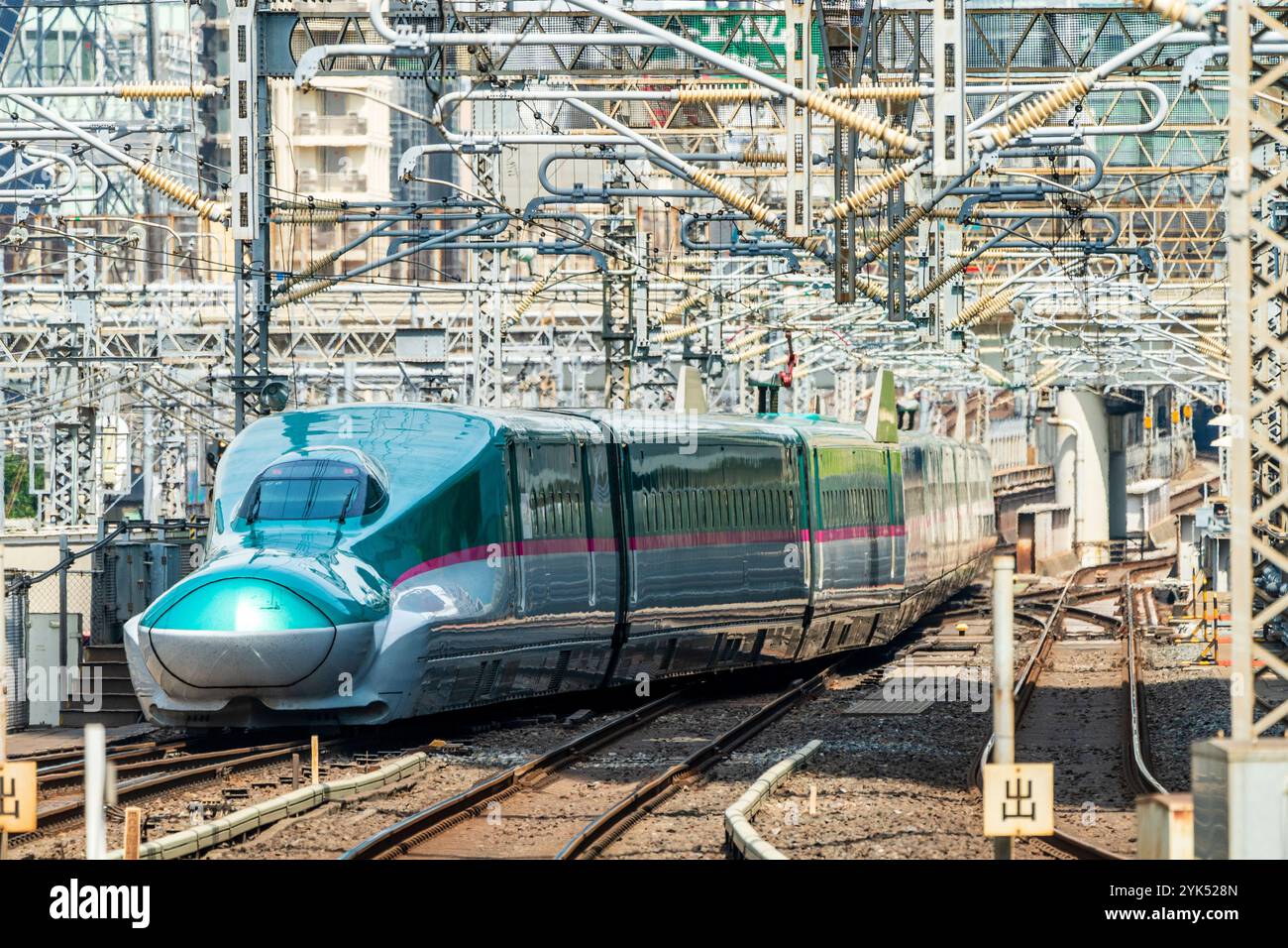 Japanese E5 series Shinkansen bullet train leaving Tokyo station. It is ...